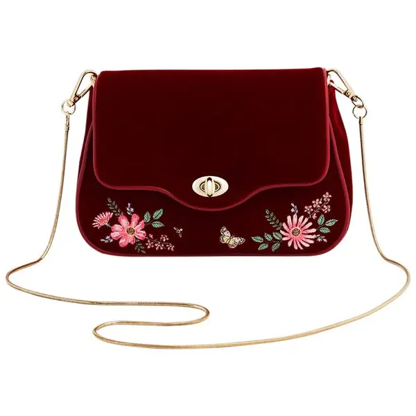 FABLE ENGLAND Mary Floral Embroide Velvet Clutch - Red