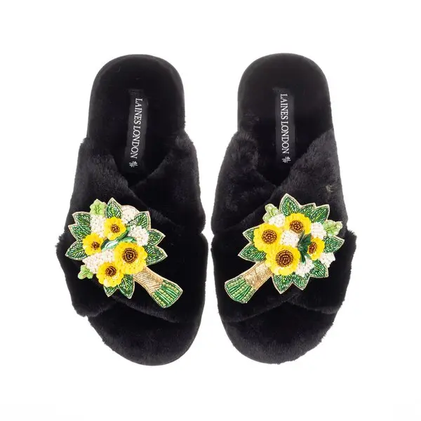 LAINES LONDON Faux Fur Cross Strap Slippers With Yellow Bouquet Brooches - Black