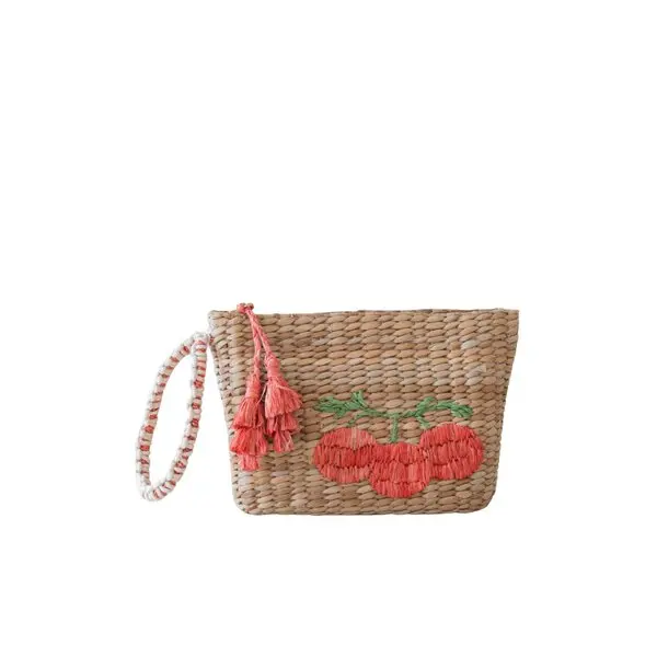 Likhâ Neutrals Handwoven Seagrass Tomato Wristlet Pouch With Tassels - Red