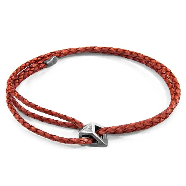 ANCHOR & CREW Amber Arthur Silver & Braided Leather Skinny Bracelet - Red