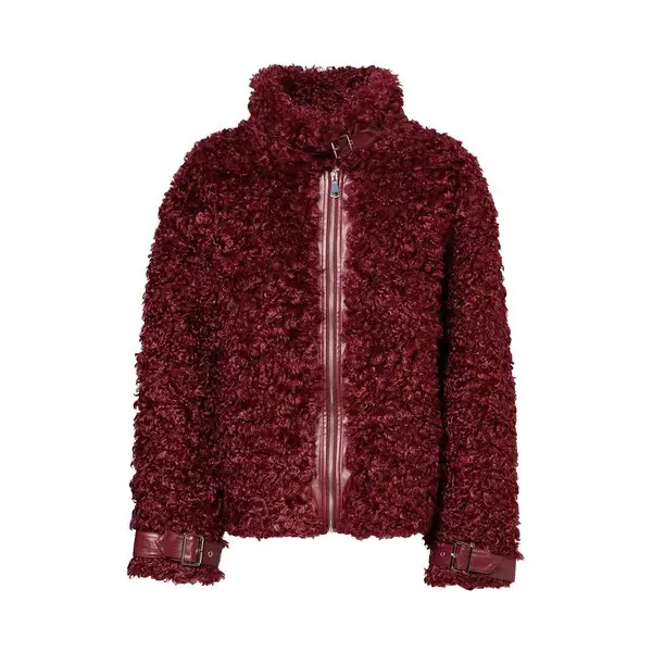 AMY LYNN Celeste Burgundy Faux Fur Shearling Coat With Leather Trim - Red