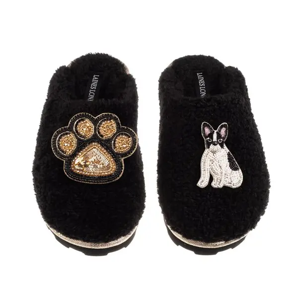 LAINES LONDON Teddy Closed Toe Slippers With Paw & & White Sitting French Bulldog Brooch - Black