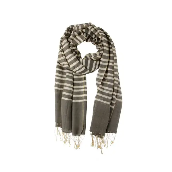 Saachi Camille Striped Lightweight Printed Scarf With Fringe - Grey