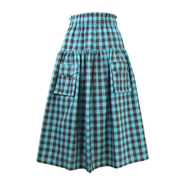 ZENZEE Brown / Green Brown & Turquoise Gingham Linen Cargo Skirt - Brown/green