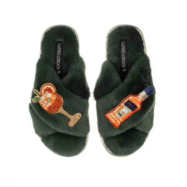 LAINES LONDON Classic Faux Fur Slippers With Summer Spritz Brooches Limited Edition - Green
