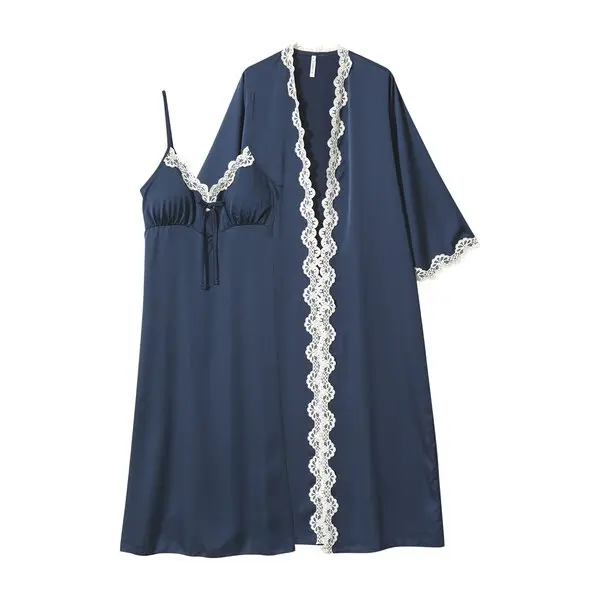 LUNALUZ Clara Silk-satin Slip & Robe Set - Blue