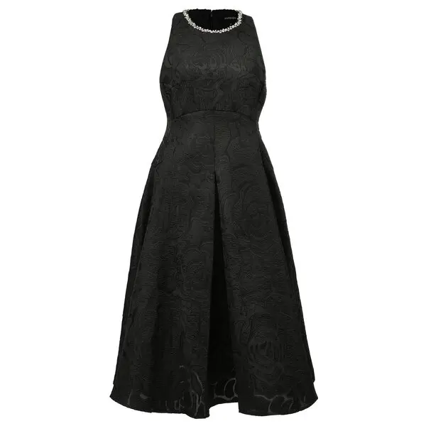 SMART AND JOY Fit-and-flare Collar Trim Textured Jacquard Dress - Black