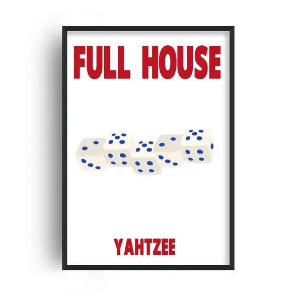 FANCLUB Blue / Red Full House Yahtzee Dice Retro Game Giclée Art Print A3 - Blue/red