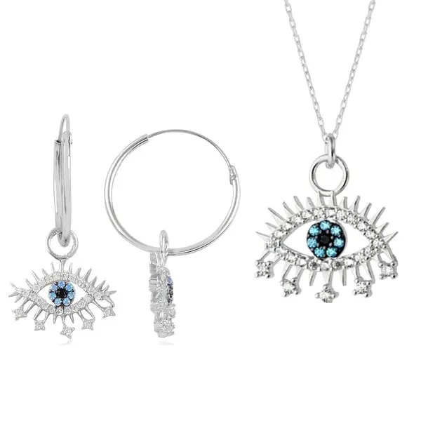 SPERO LONDON Evil Eye Earring Blue Eye Sterling Pendant Eyelash Necklace & Earring Set - Silver