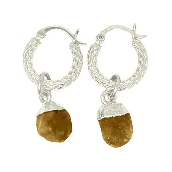 HARFI Raw Citrine November Birthstone Huggie Hoops Sterling Gemstone Earrings - Silver