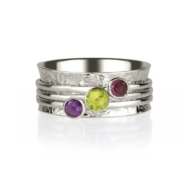 CHARLOTTE'S WEB JEWELLERY Holi Prosperity Spinning Ring Amethyst, Peridot & Rhodolite Garnet - Silver
