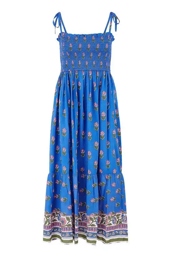 YUMI Strappy Paisley Print Midi Dress With Ruched Bodice - Blue