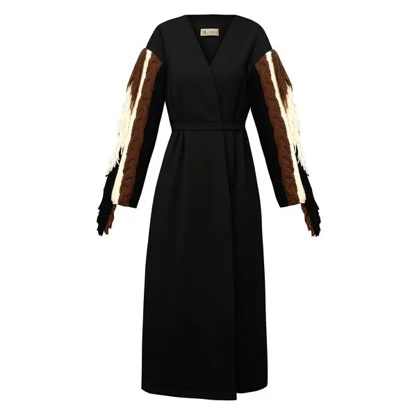 ALINA CERNATESCU Black / Brown Totem Maxi Cotton Coat Black & Brown With Hand-knitted Wool Sleeves And Belt - Black/brown