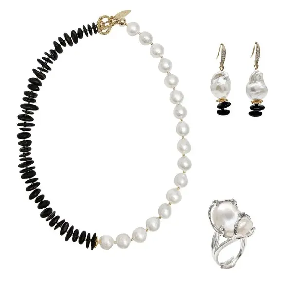 FARRA Timeless Tourmaline & White Freshwater Pearls Necklace Set - Black