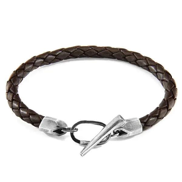ANCHOR & CREW Cacao Jura Silver & Braided Leather Bracelet - Brown