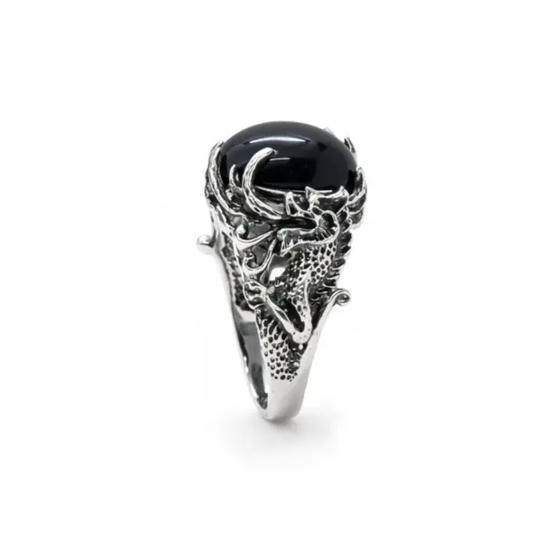 UNALOE Silver / Black Sterling Silver Dragon Ring With Black Onyx Jewelry For - Silver/black