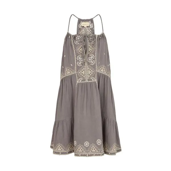 RAFFYA Jen Tiered All Over Embroidered Mini Dress - Grey