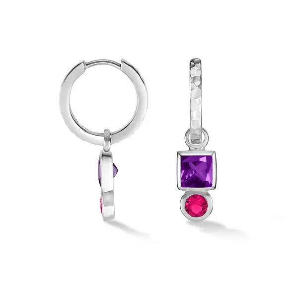 DOWER & HALL Square Amethyst Hammered Huggie Hoops - Silver