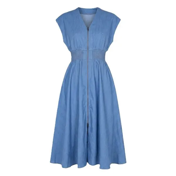 MODENAIRE Smocked Midi Dress Structured Form - Blue