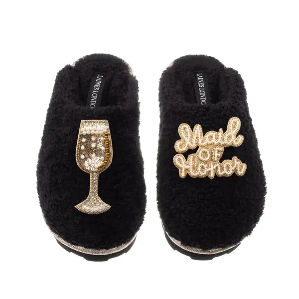 LAINES LONDON Teddy Closed Toe Slippers With Maid Of Honor Brooches - Black