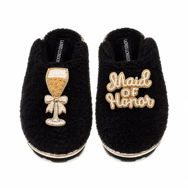 LAINES LONDON Teddy Towelling Closed Toe Slippers With Maid Of Honour Brooch - Black