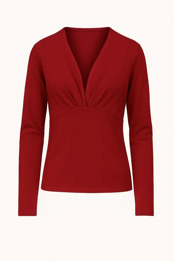 CONQUISTA Chilli Pepper Long Sleeve Faux Wrap Top In Stretch Jersey Sustainable Fabric - Red