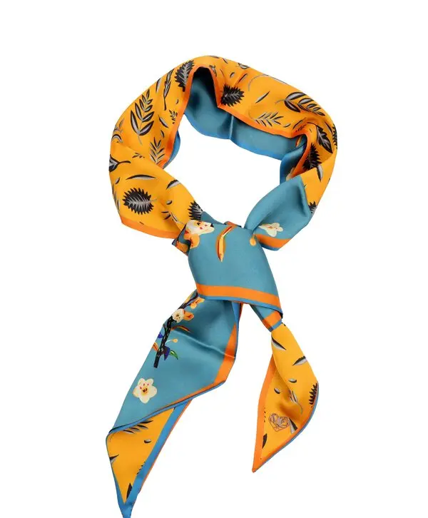 MISS CICCONI Grey / Brown / Silver Brigitte Orange & White Orchid Floral Leaf Marine Blue Silk Hair Tie Scarf And Bag Accessory - Grey/brown/silver
