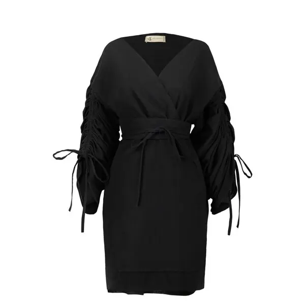 ALINA CERNATESCU Kimono Kyoto Cotton Midi-length With Long Sleeves And Adjustable Drawstring - Black