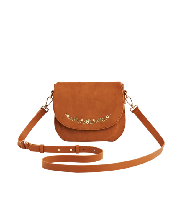 FABLE ENGLAND Tan Floral Faux Suede Embroidered Saddle Bag - Brown