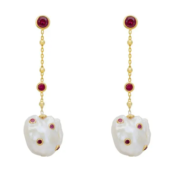 LATELITA Red / White / Gold Polka Dot Baroque Pearl Chain Drop Earrings Gold Ruby - Red/white/gold