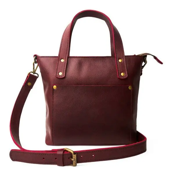HIDES LEATHER CO. Brown / Red Mini Leather Bordeaux Tote Bag - Brown/red