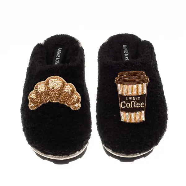 LAINES LONDON Teddy Closed Toe Slippers With Coffee & Croissant Brooches - Black