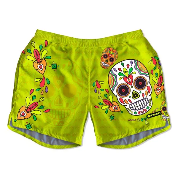 FISHIRT Swim Shorts Mexican Skull Graphic Muertos Style - Yellow