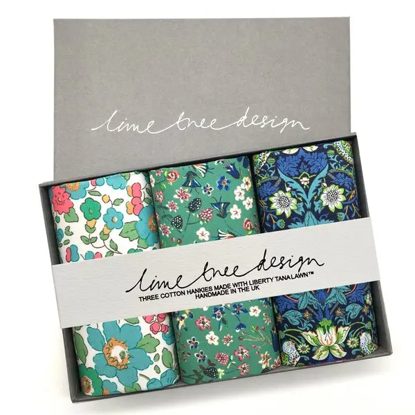 LIME TREE DESIGN Three Hankies Made With Liberty Fabric Strawberry Thief - Red