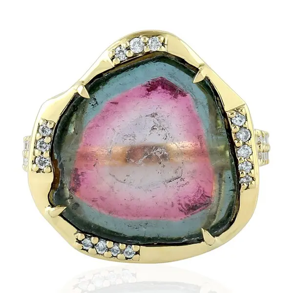 ARTISAN Slice Watermelon Tourmaline & Diamond Ring In 18k Yellow - Gold