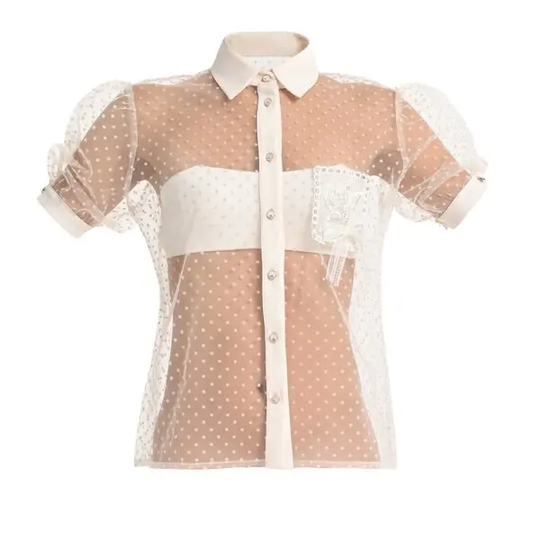 LALIPOP DESIGN Neutrals Sheer Polka Dot Shirt With Floral Appliqu - White