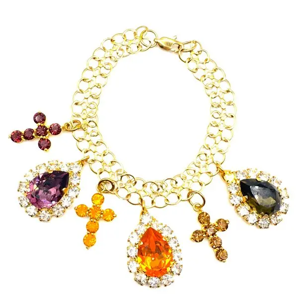 ACHALA HANDCRAFTED Neutrals / Elegant Drop Crystal Charm Bracelt - Gold
