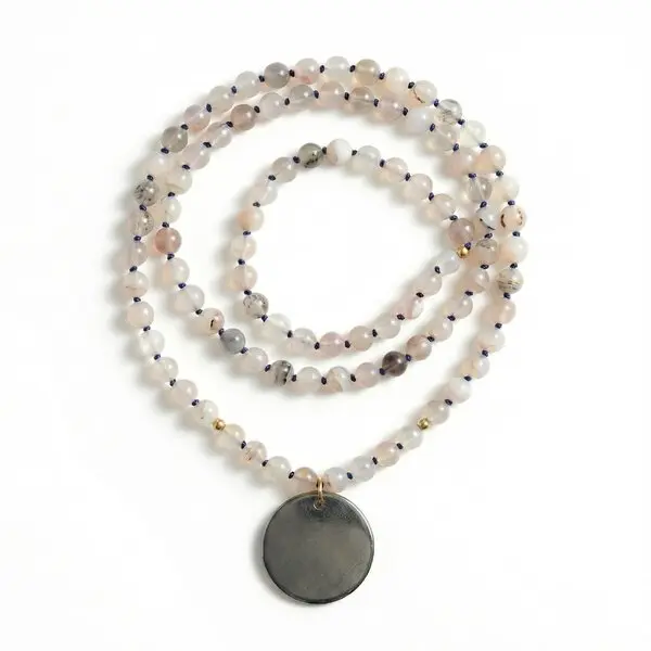 HEATHER HAWKINS Rockabye Long Gemstone Necklace Mixed Agate Pyrite Coin - Grey