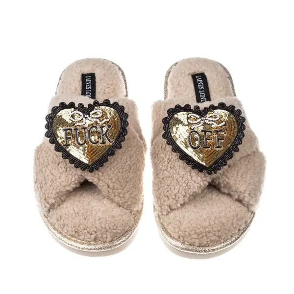 LAINES LONDON Neutrals Neutral Boucle Slippers With Black & Gold Fuck Off Brooches Oatmeal - Brown