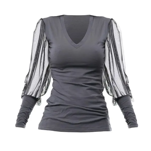 METAMORPHOZA V-neck Casual Top With Tulle Sleeves - Grey
