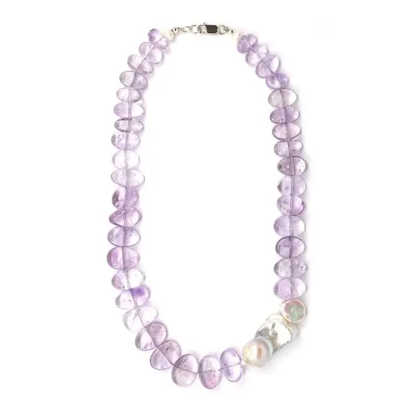 Shar Oke Purple / Silver Brazilian Amethyst & Freshwater Pearls Necklace - Purple/silver