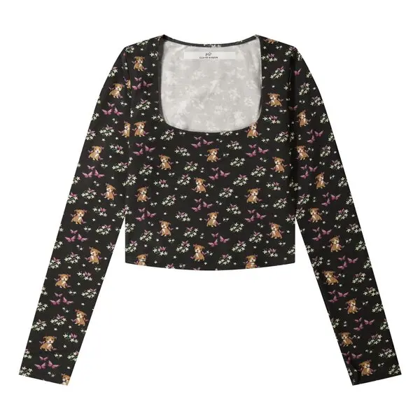 CLOUD HAVEN Long Sleeve Tan Pit Bull Square Neck Tee - Black