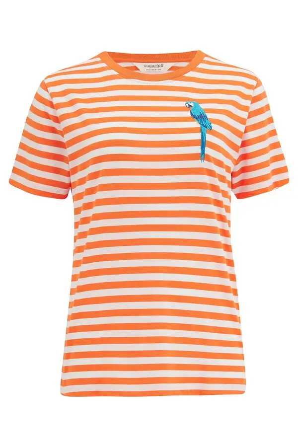 SUGARHILL BRIGHTON Maggie T-shirt Off-white Stripy Parrot - Orange