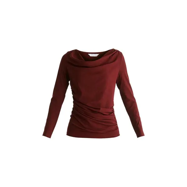 PAISIE Ruched Jersey Top With Draped Neck In Burgundy - Red