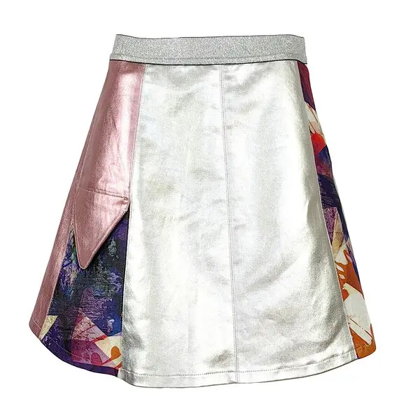 LALIPOP DESIGN Two-tone Metallic-effect Cotton Gabardine A Line Mini Skirt - Gray/pink
