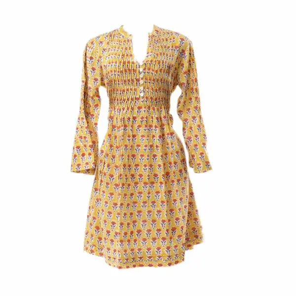 WILD ROSE Poa Floral Cotton Hand Block Print Dress - Yellow