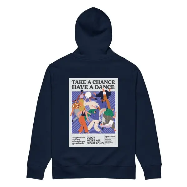 ANCHOR & CREW Navy Take A Chance Have A Dance Disco! Organic Cotton Embroidered Heavyweight Hoodie - Blue