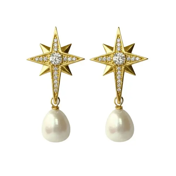 LINYA JEWELLERY Pole Star Pearl Dangle Earrings - Gold