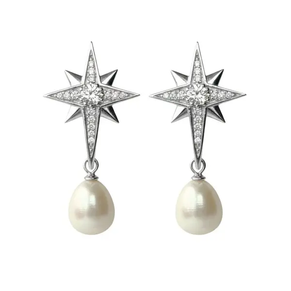 LINYA JEWELLERY Pole Star Pearl Dangle Earrings - Silver