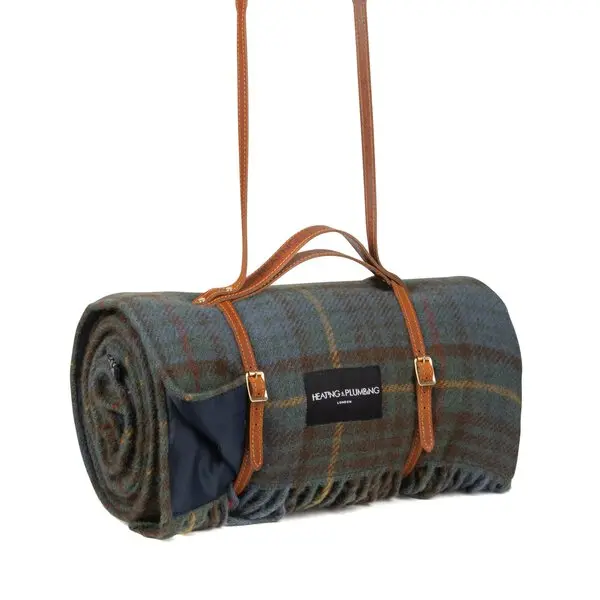 HEATING & PLUMBING LONDON Pure New Wool Picnic Blanket Classic Hunting Lodge Tan Strap - Brown